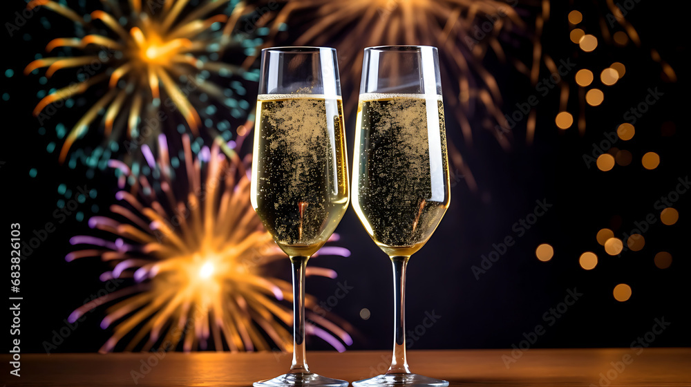 New year's eve celebration with midnight toast of two champagne glasses ...