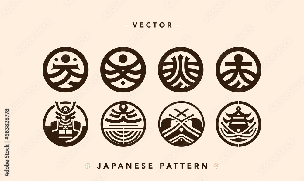 Traditional Japanese Symbols and Warrior Vector Set Stock Vector ...