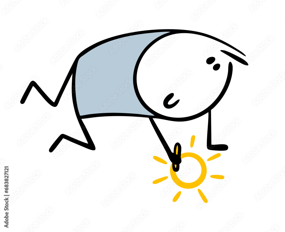 Cartoon little stickman boy bent down and draws the sun on the asphalt ...