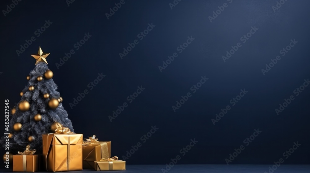 minimalist christmas background with christnas tree and gift boxes ...