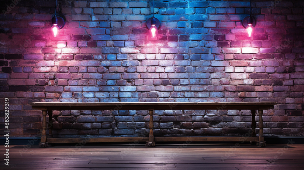 Brick wall background mockup illuminated by neon lights. Nightclub ...