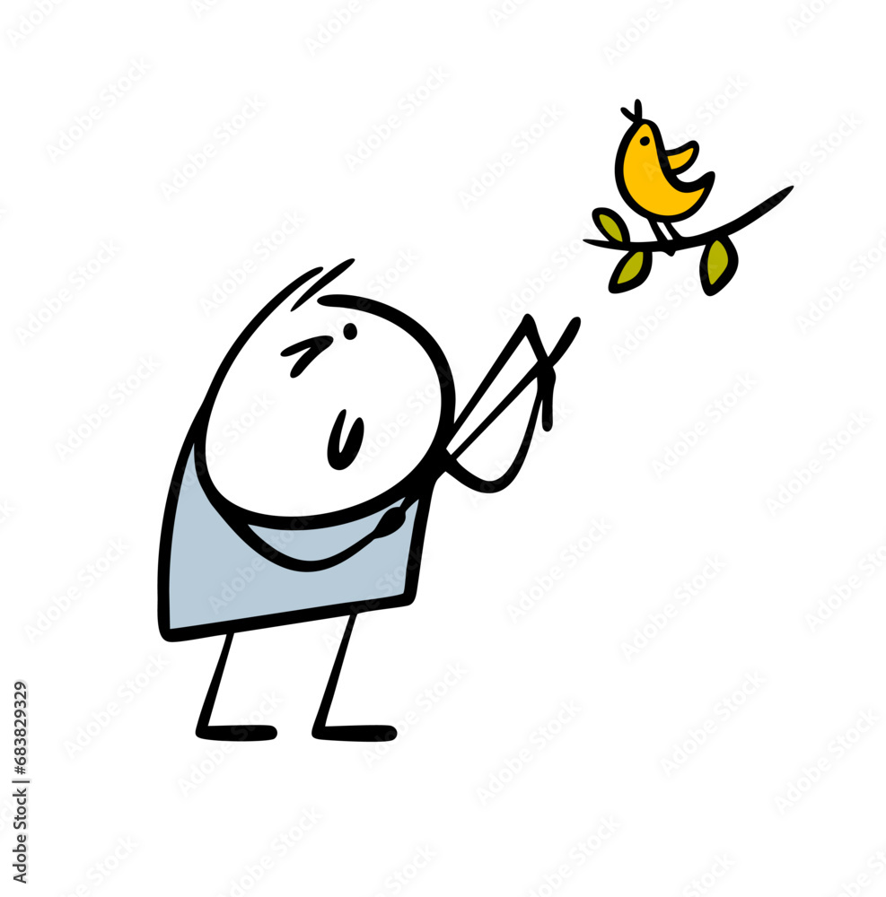 Cartoon bully aimed a slingshot at a live bird on a tree branch. Vector ...