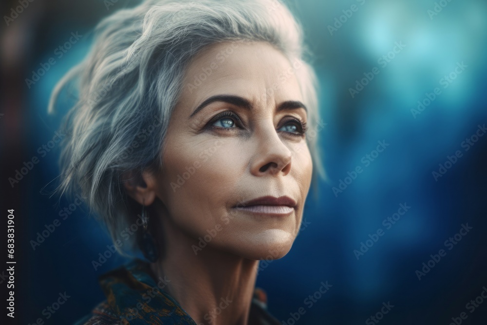 Mature woman vintage desaturated portrait. Aged woman with silver ...