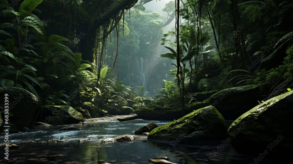 Realistic rain forest depicted in an artistic way with a tiny cascade ...