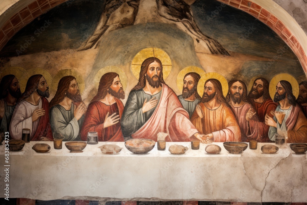 A fresco of the Last Supper, illustrating Jesus' final meal with his ...