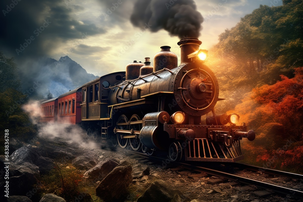 Time-traveling train traversing through various historical eras and ...