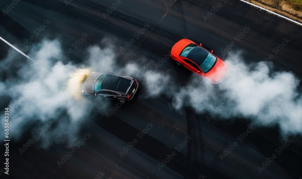Aerial view two cars drift battle view from above, Activity two cars ...