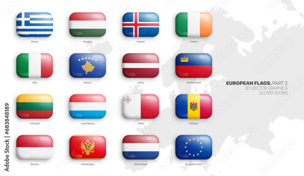 All Official Flags of European Countries 3D Vector Rounded Glossy Icons ...