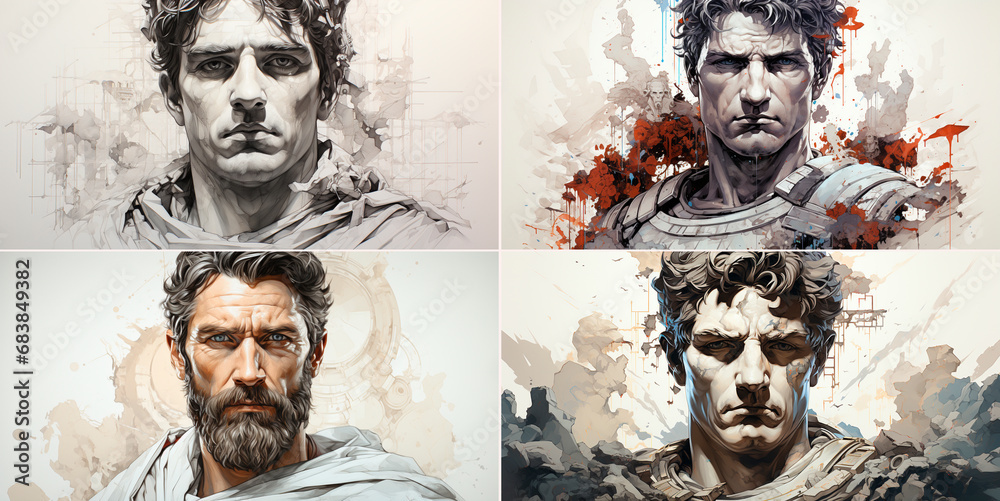 Artistic depiction of a stoic Roman emperor. Black and white lines show ...