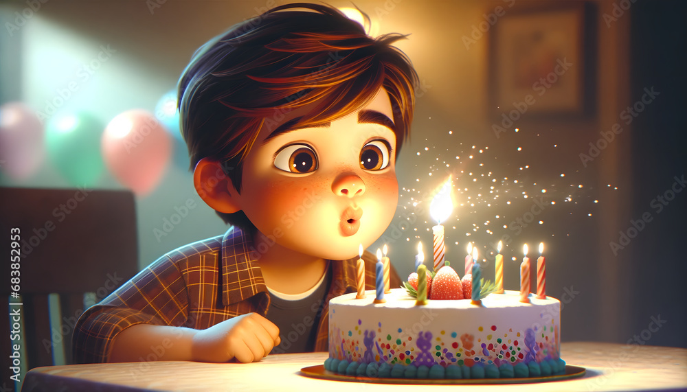 A digital animated-style painting of a kid blowing out a candle on a ...
