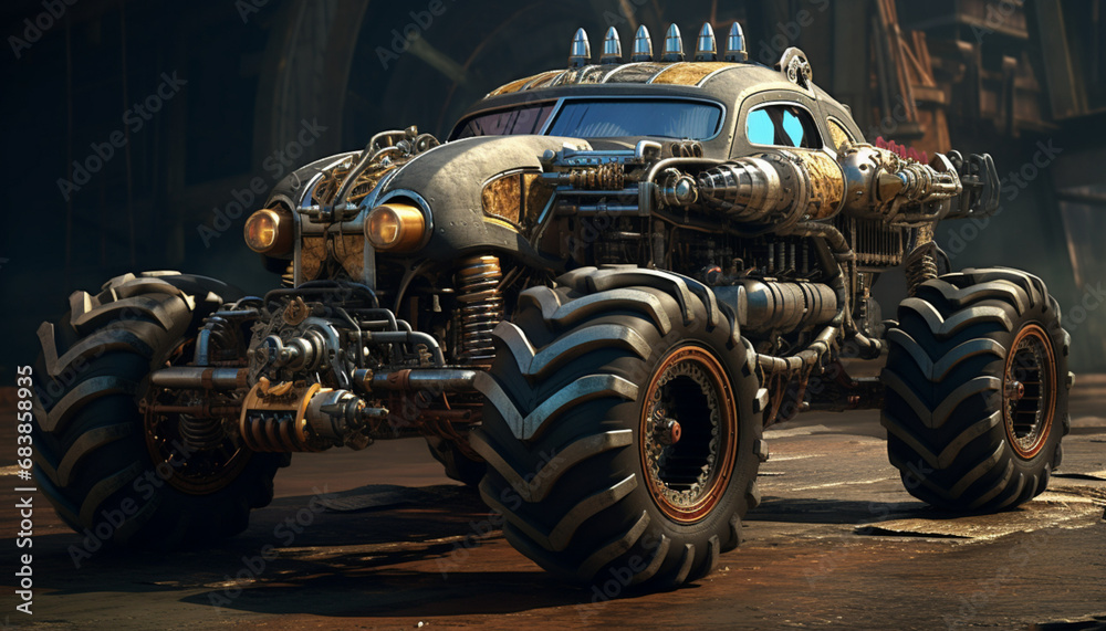 Combine monster truck power with steampunk aesthetics. Use gears, cogs ...