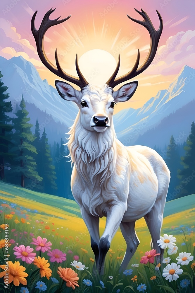 oil-painting, a cute white stag in a beautiful meadow with flowers ...
