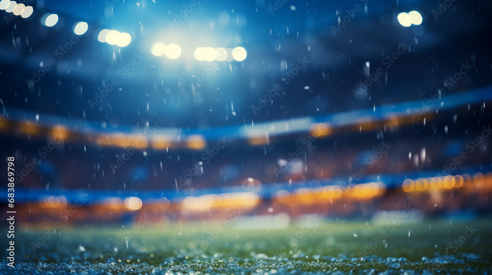 Sports stadium with lights on. Big arena, grandstand. Rainy weather ...