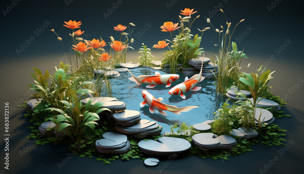 Create a 3D model of a water fountain with koi fish spouts. Water could ...