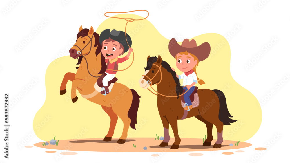 Cowboy girl and boy kids riding horses. Jockey riders children persons ...