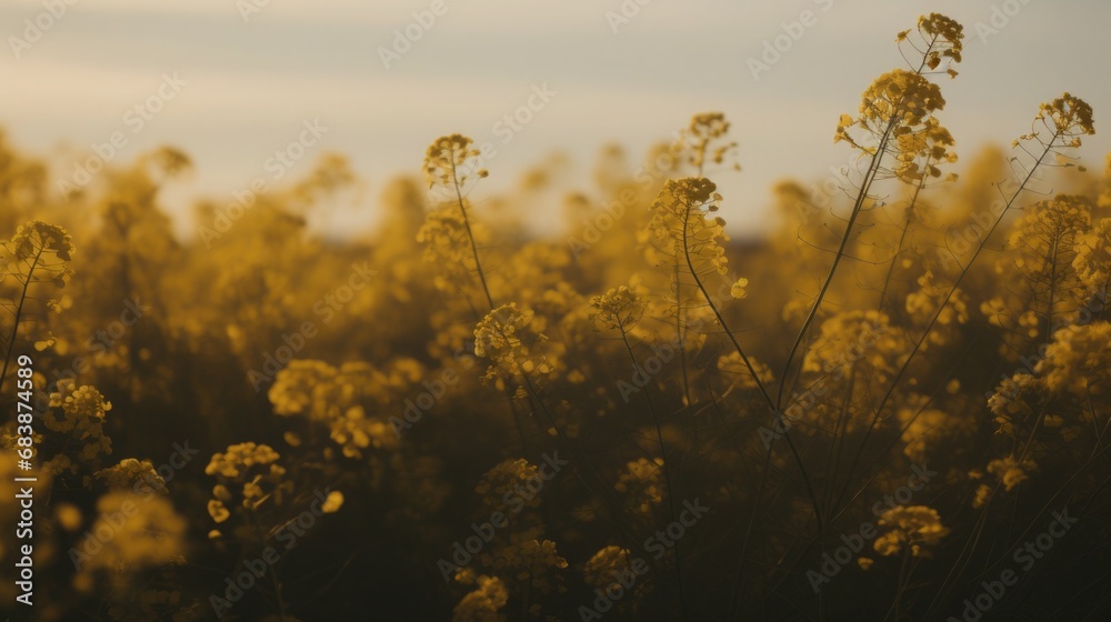 A field of Charlock yellow wildflowers swaying under the summer sun ...