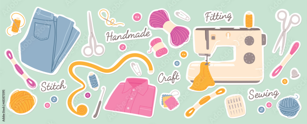 Needles, buttons sewing accessories set background. Thread, scissors ...