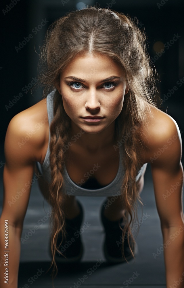 On a dark grey background, a fit young lady performing a crossfit style ...