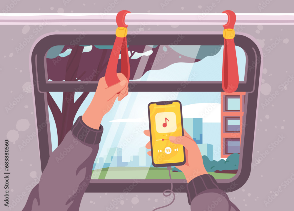 Passenger using mobile phone inside transport. Person hands hold ...