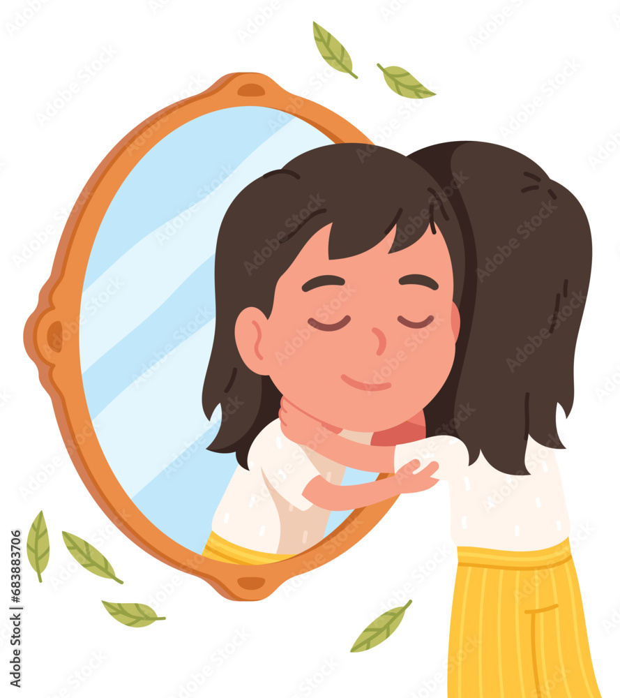 Girl kid hugging her mirror reflection in love. Happy child person ...