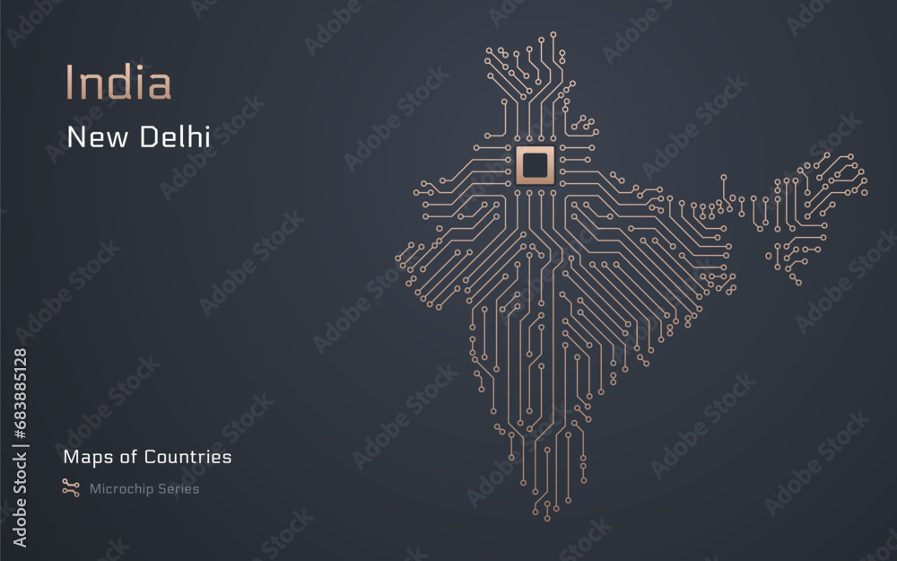 India Bharat Map with a capital of New Delhi Shown in a Microchip ...