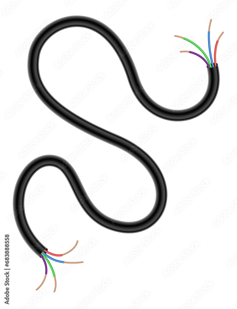 Broken electrical copper wire or cord. Damaged electric power cable ...