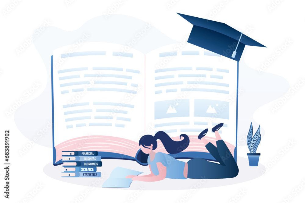 Vetor de Girl student lies and reads a book. Huge textbook, learning ...