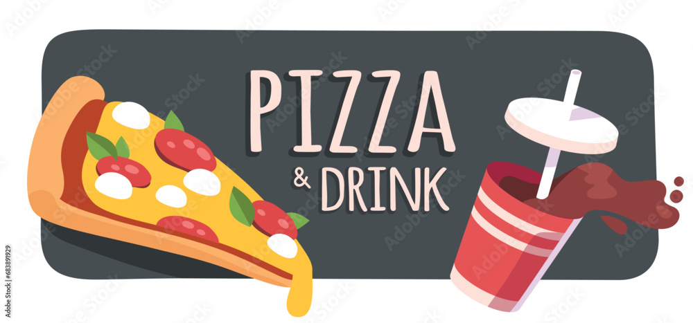 Pizza slice and cola drink fast food meal sticker. Tasty takeaway ...