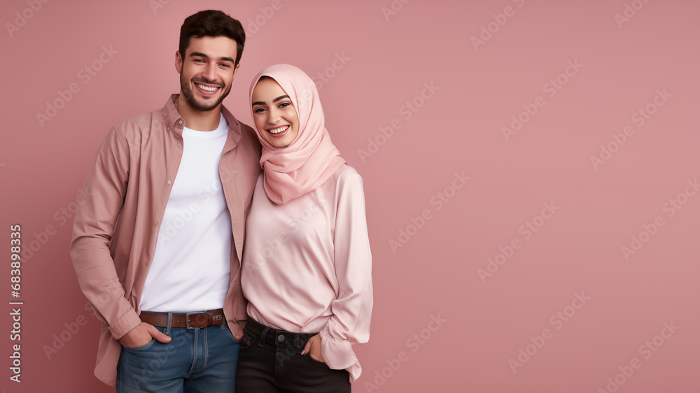 Muslim couple in traditional muslim clothing smiling looking at camera ...
