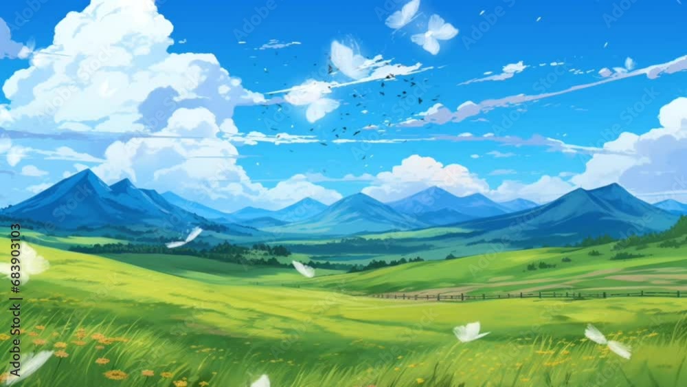 Rural field near mountains in summer. seamless looping time-lapse ...