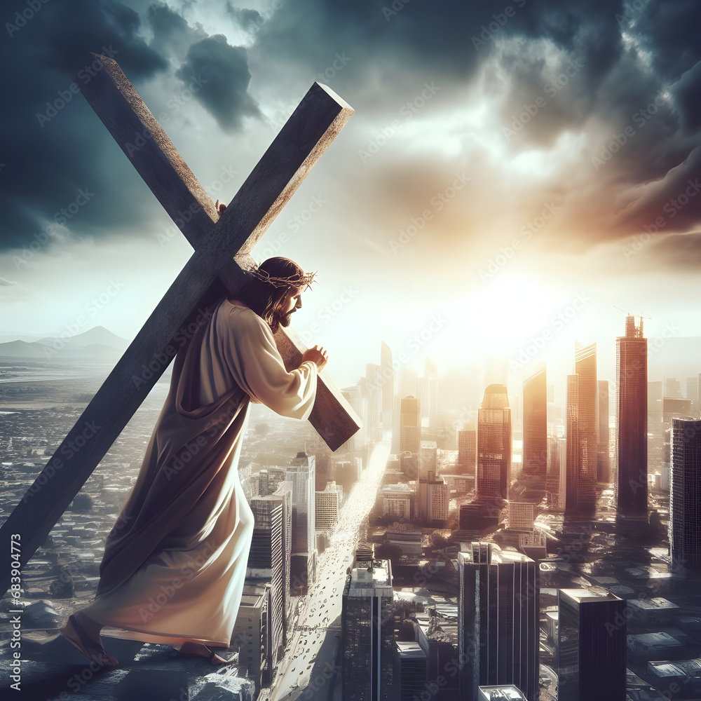 Jesus bearing cross in modern times, suffering pain and rejection Stock ...