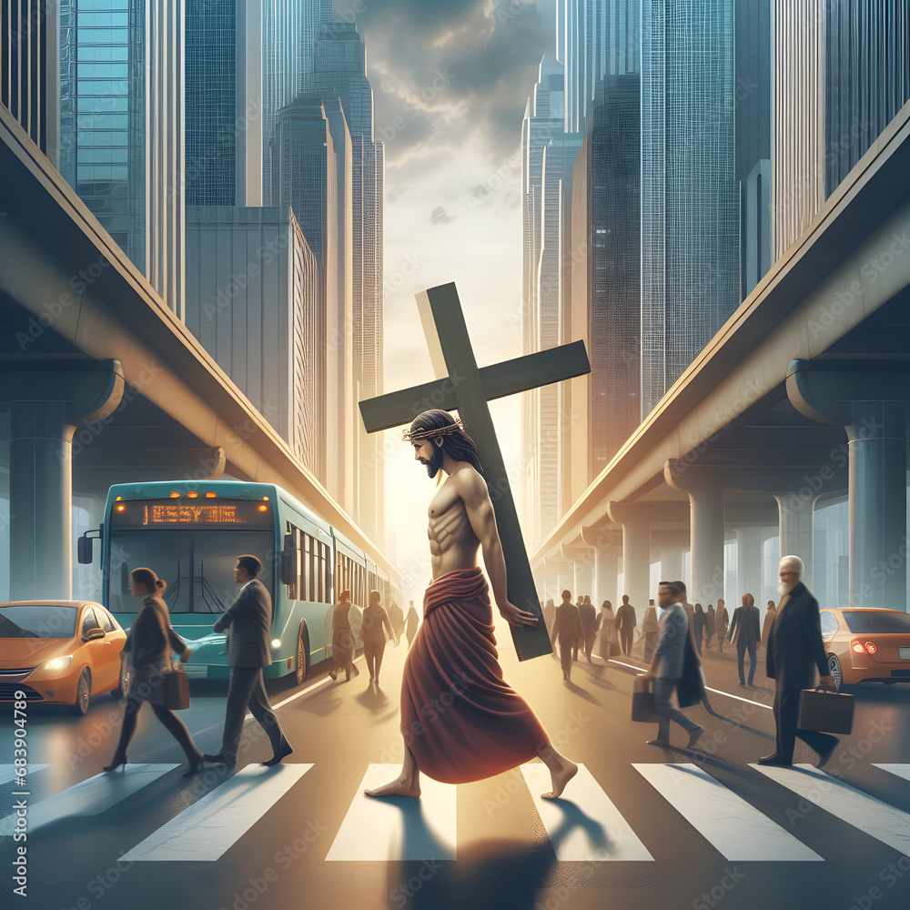 Jesus bearing cross in modern times, suffering pain and rejection Stock ...