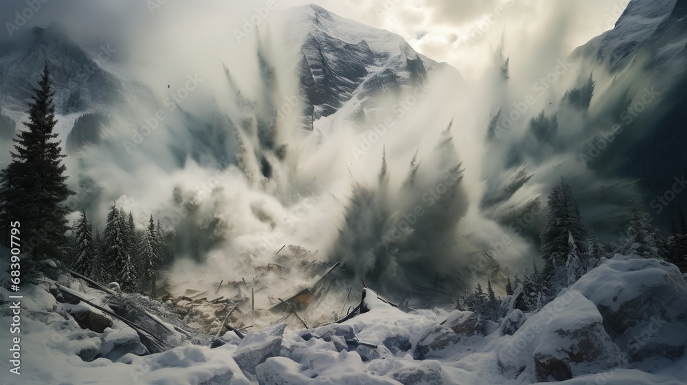 Huge snow avalanche, a mass of snow, ice, and rocks falling rapidly ...