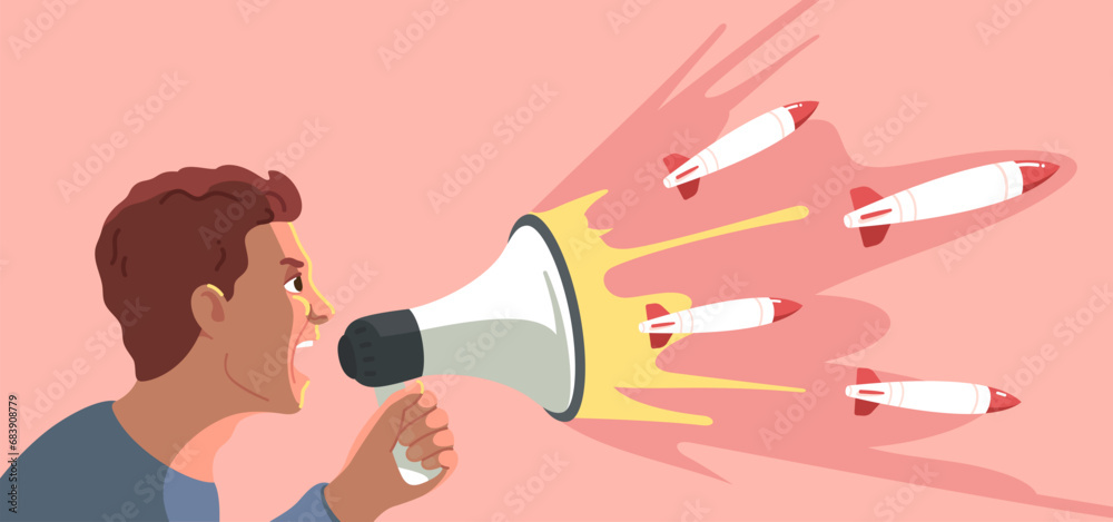 Man shouting in megaphone, war propaganda, hate speech. Angry person ...