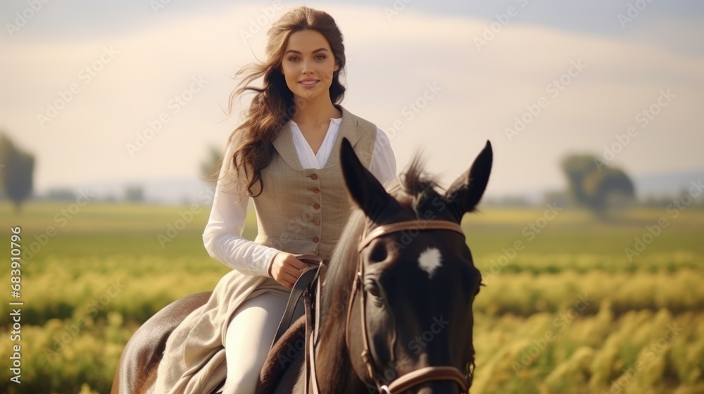 Beautiful brunette girl ride horse field. 19th century style, jane ...