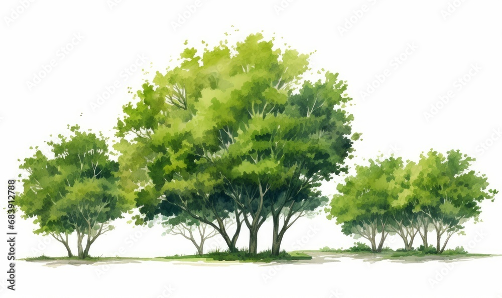 watercolor of tree side view isolated on white background for landscape ...