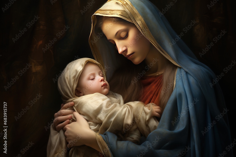 Holy Mary holding baby Jesus Christ in her arms, depicted in religious ...