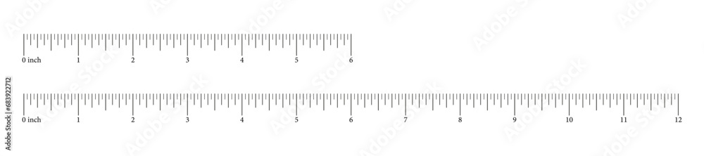 Ruler scale 6 and 12 inch, half foot and foot. Horizontal measuring ...