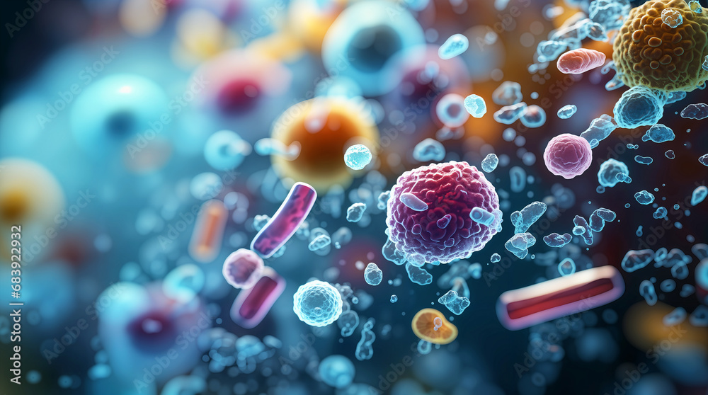 Concept of microscopic microbiome view of bacteria culture in the gut ...