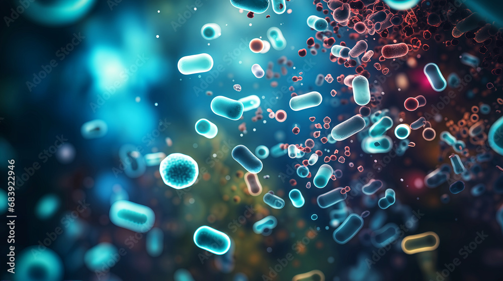 Concept of microscopic microbiome view of bacteria culture in the gut ...