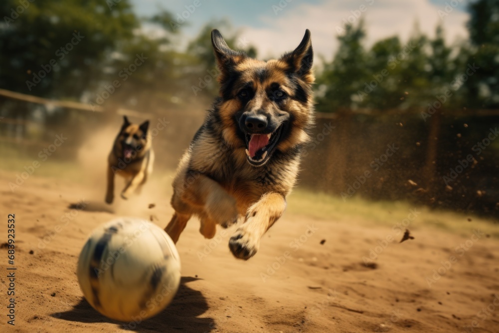 Two dogs are seen chasing after a soccer ball on a dirt field. This ...
