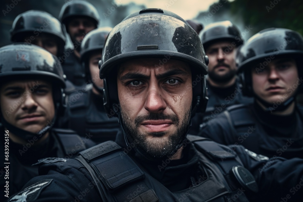 A group of police officers standing next to each other. This image can ...