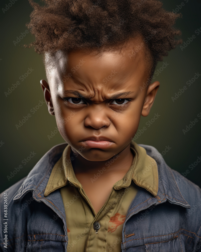 Portrait of an angry African little boy with brown hair. Closeup face ...