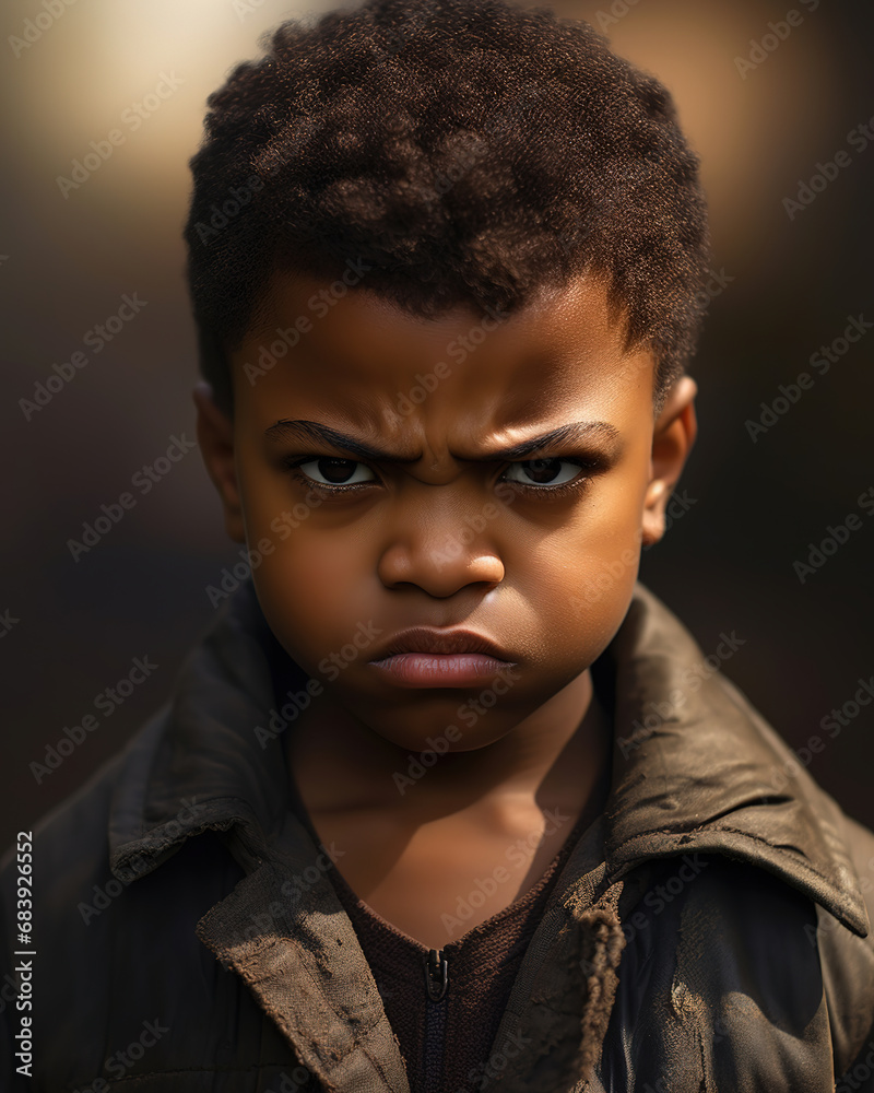 Portrait of an angry African little boy with brown hair. Closeup face ...