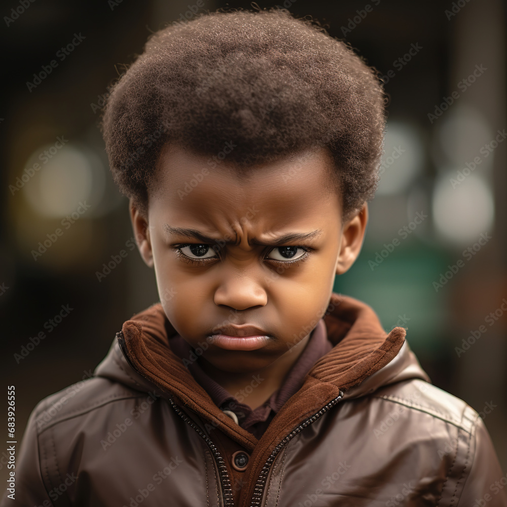 Portrait of an angry African little boy with brown hair. Closeup face ...
