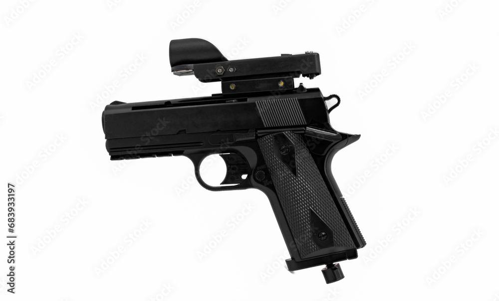 Modern Black Pneumatic pistol with laser sight isolated on white ...