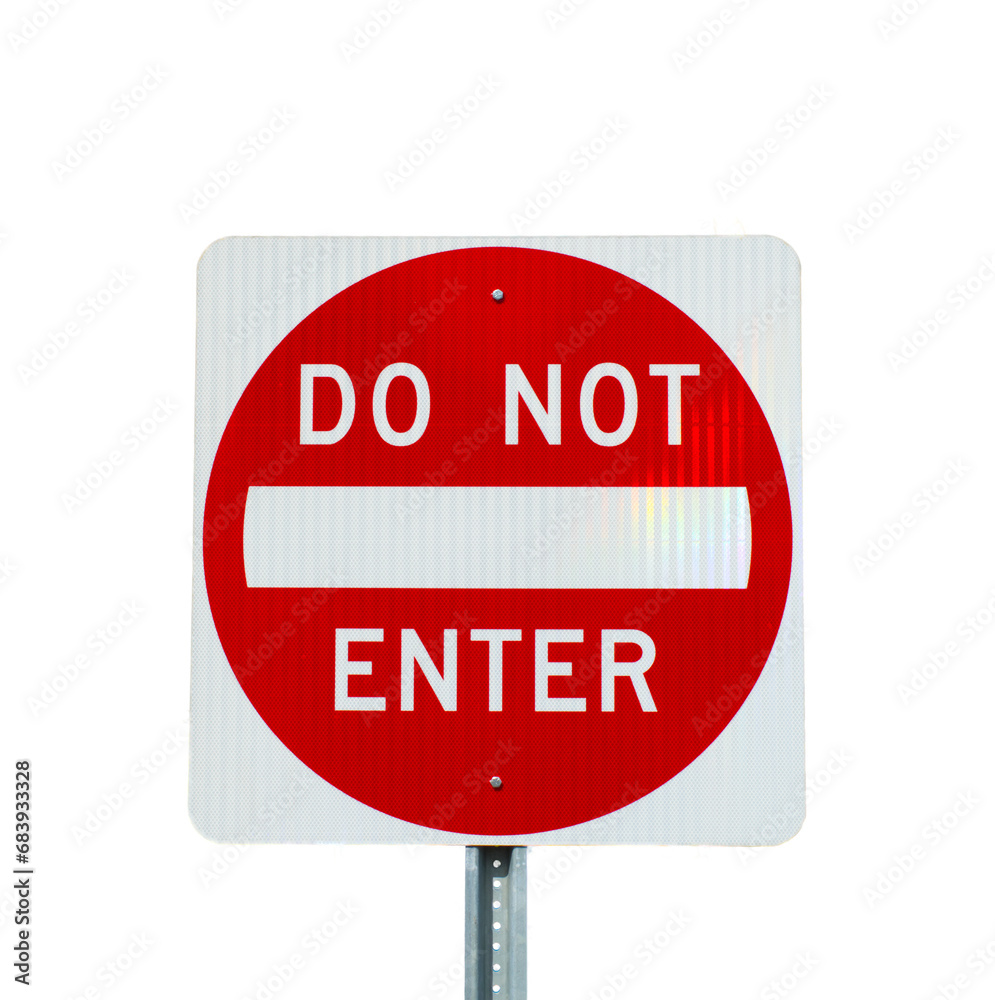 Do not enter sign on post isolated on white background, bright red ...