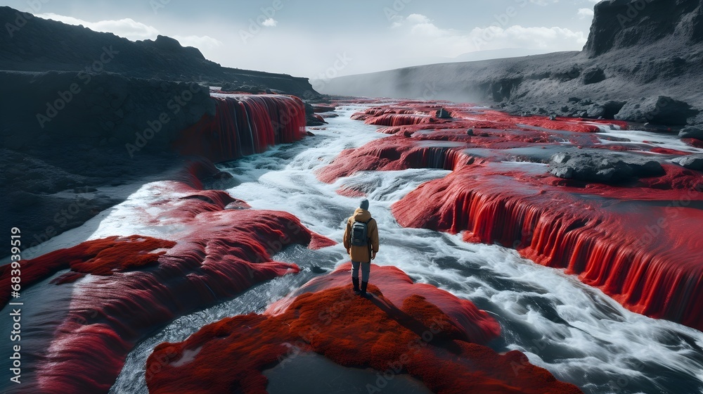Explorer Amidst the Crimson Tides: A Surreal Landscape, an alpinist ...