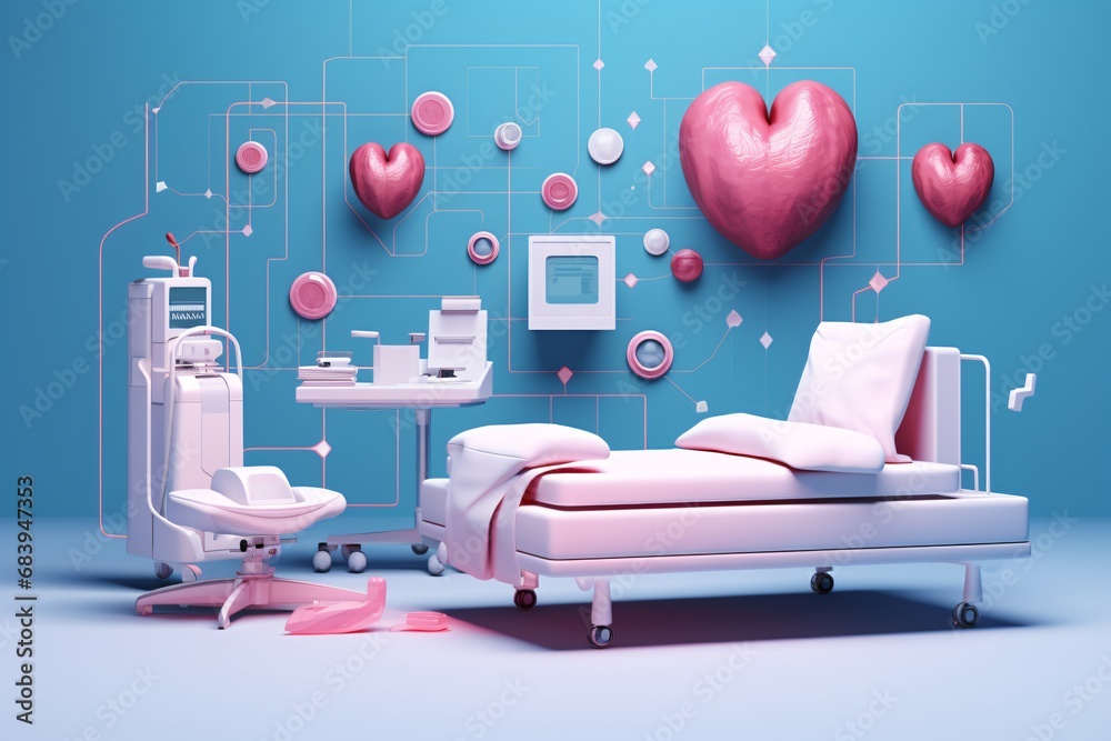 3d cartoon illustration of a hospital room with bed, machines, and ...