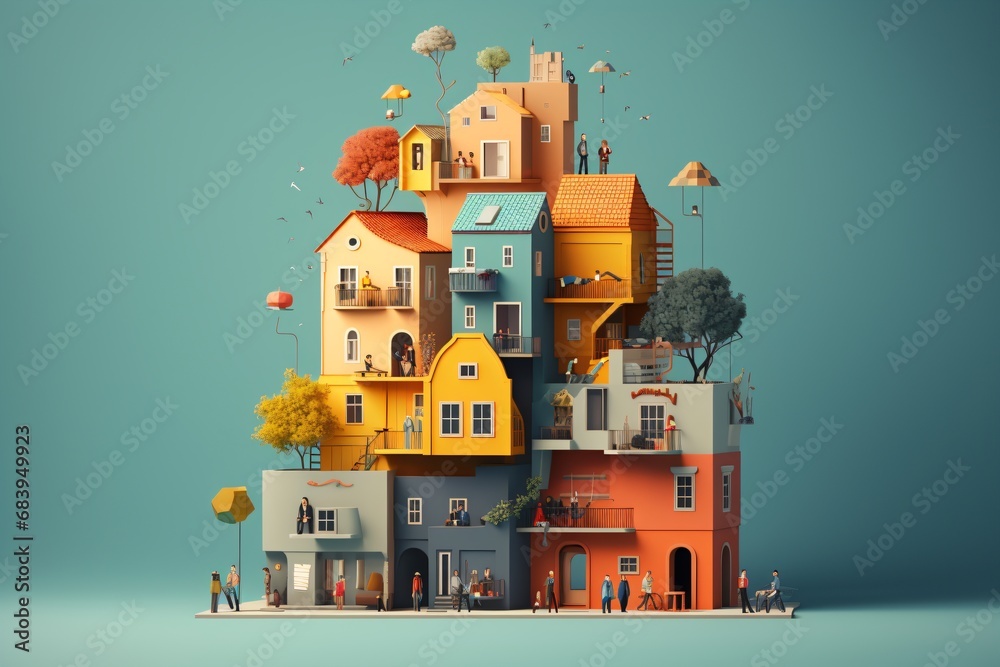 3d cartoon illustration of a society with multiple houses and buildings ...